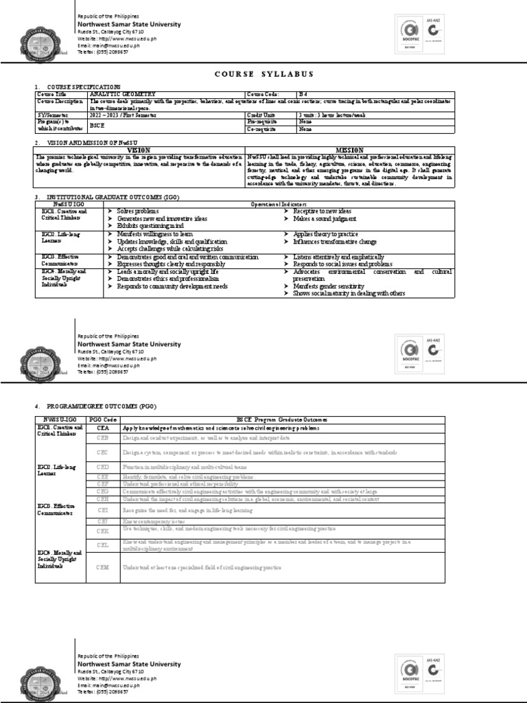 11 B4 Analytic Geometry OBE Syllabus | PDF | Engineering | Tangent
