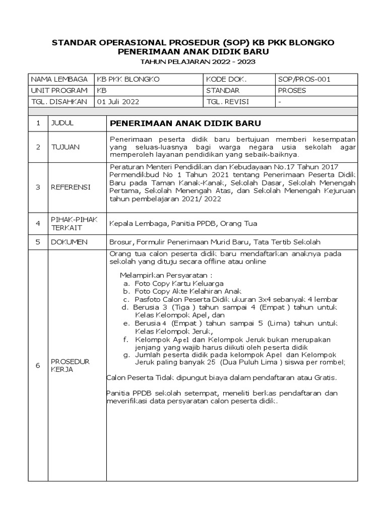 Sop - Penerimaan Peserta Didik | PDF