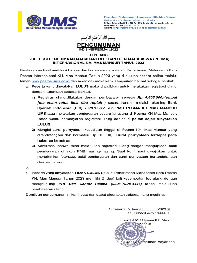 Info - PMB Pesma KH Mas Mansyur 2023 | PDF