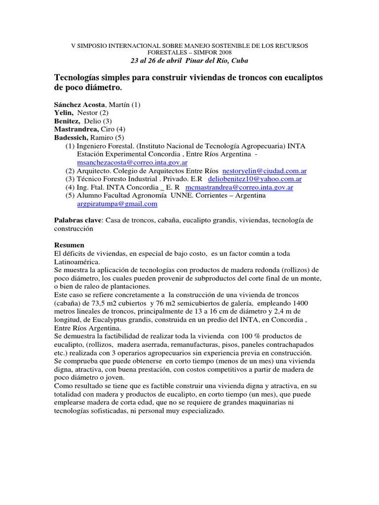 Sanchez Acosta construccion cabañas de troncos INTA Argentina | PDF