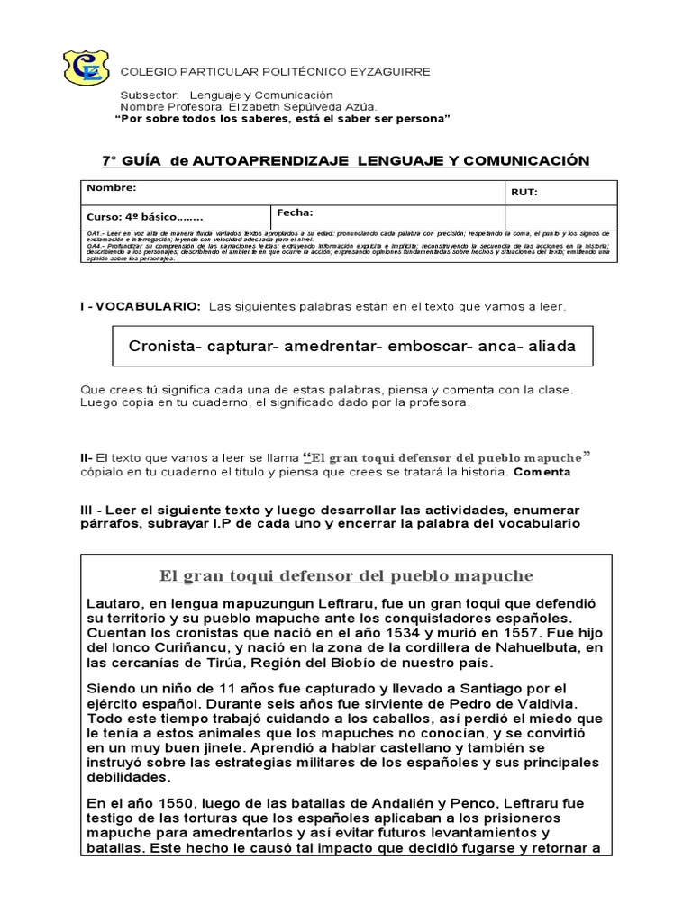 Guía de Lectura: El Toqui Mapuche | PDF