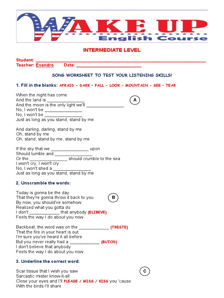 Intermediate Level - Song Worksheet 1 | PDF