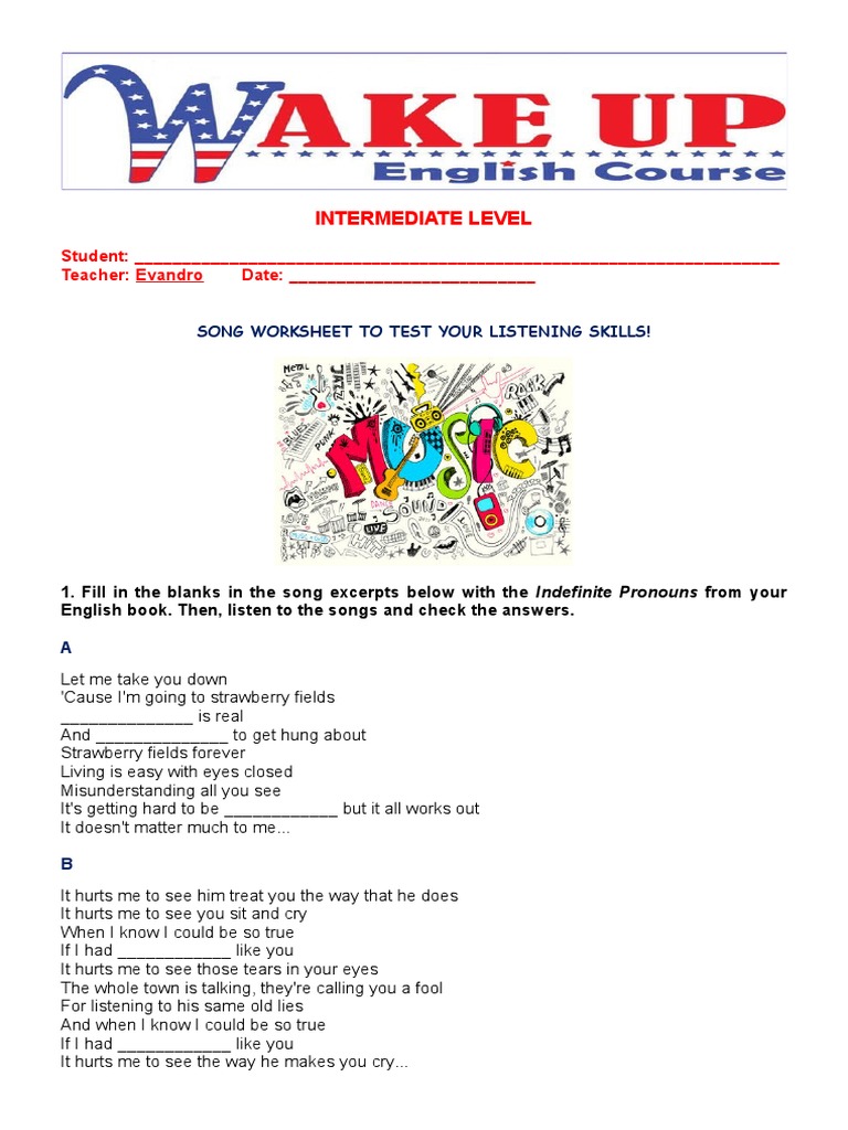 Intermediate Level - Song Worksheet 2 | PDF