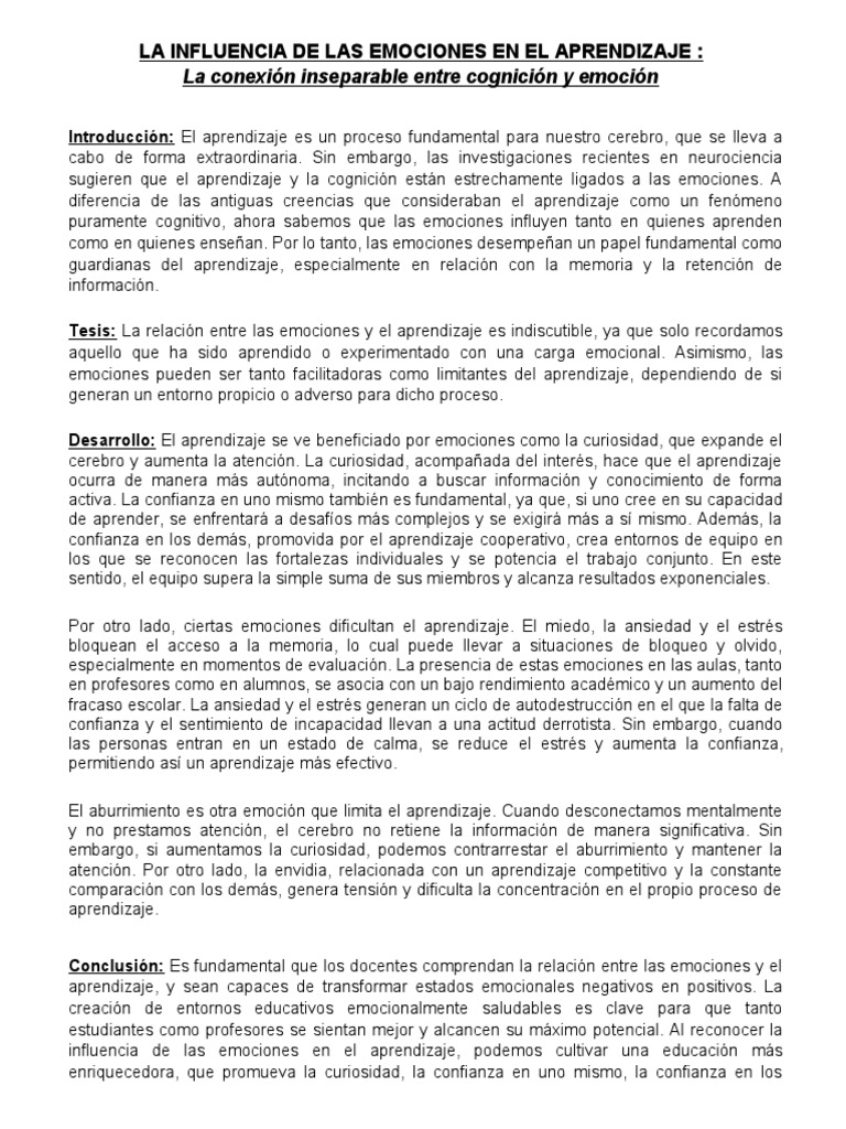 La Influencia de Las Emociones en El Aprendizaje | PDF