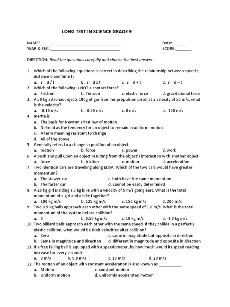 Grade 9 Science Long Test Questions | PDF | Momentum | Force