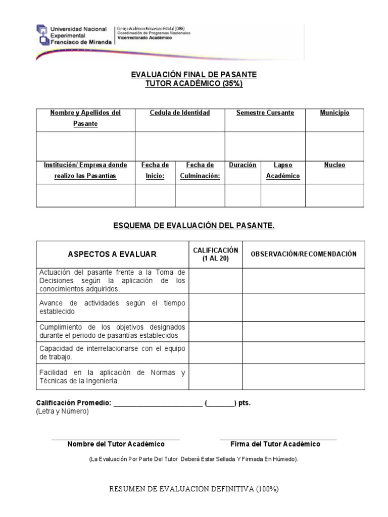 Formato Evaluación Tutor Academico UNEFM | Descargar gratis PDF | Evaluación