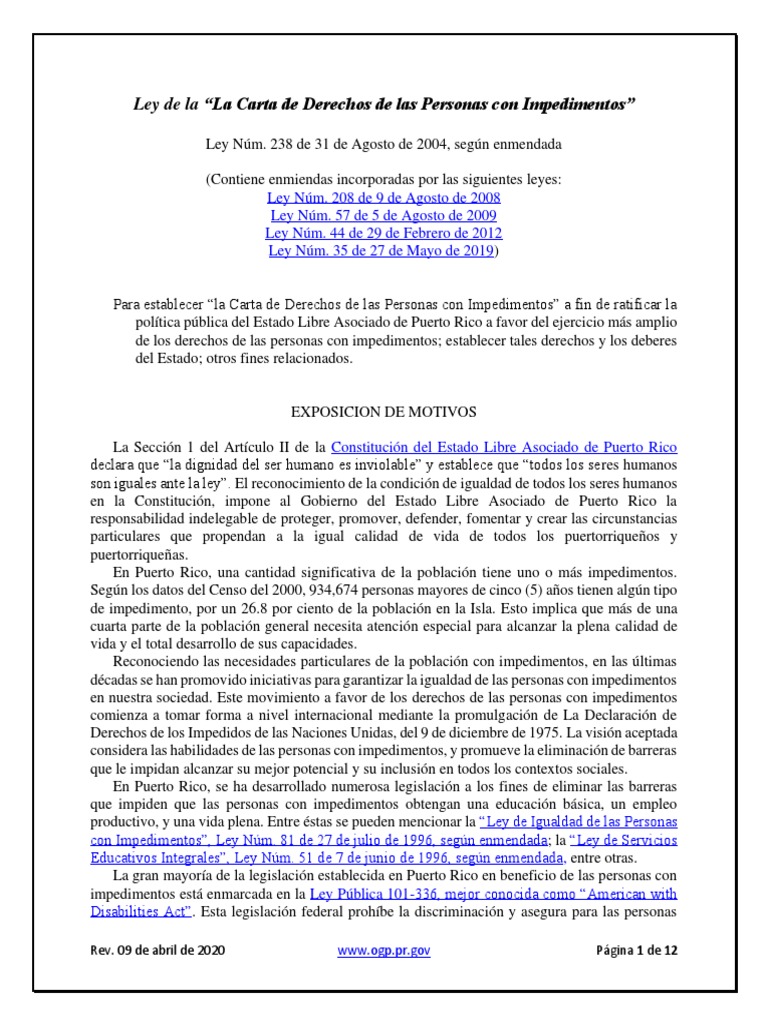 Ley de La "La Carta de Derechos de Las Personas Con Impedimentos" | PDF
