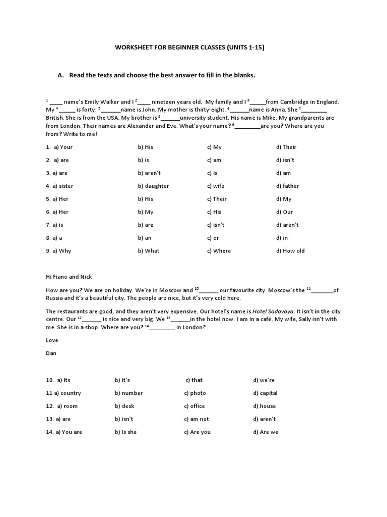 Beginner English Worksheet Units 1-15 | PDF | Language Arts & Discipline