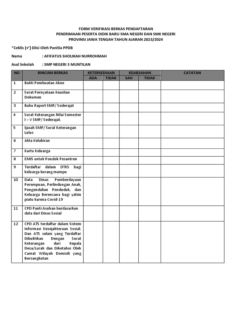 Form Verifikasi Berkas Pendaftaran-1 | PDF