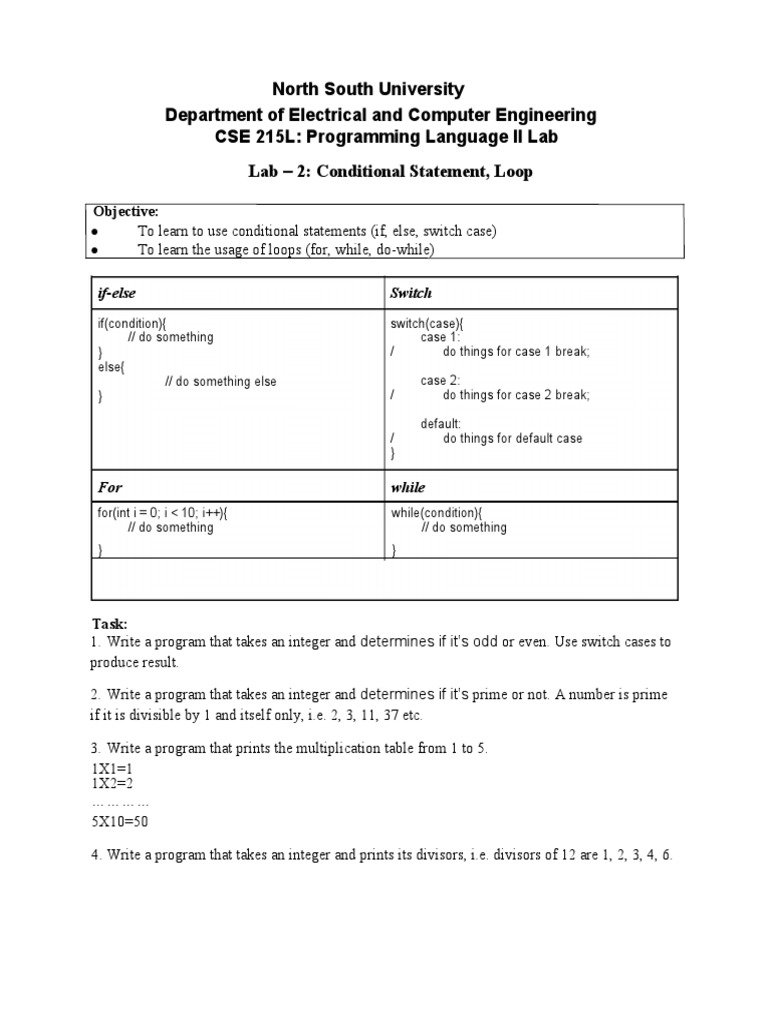 Lab Manual Lab 2 Conditional Statements Loops Pdf