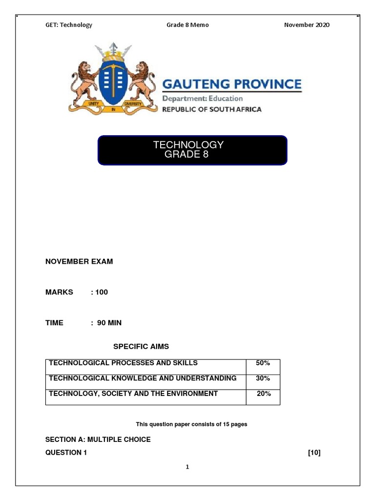 Grade 8 Technology November Exam Memo | PDF