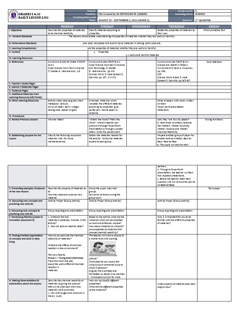 DLL - Science 5 - Q1 - W2 | PDF