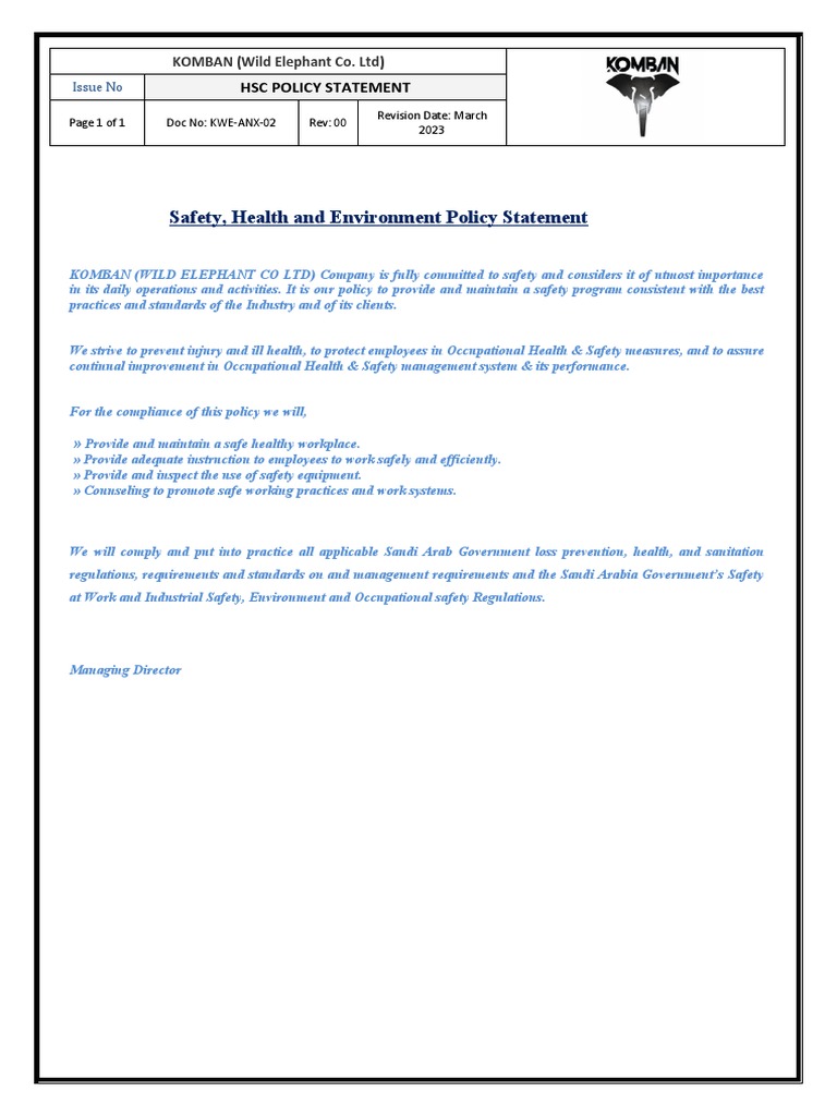 KOMBAN Safety and Health Policy | PDF