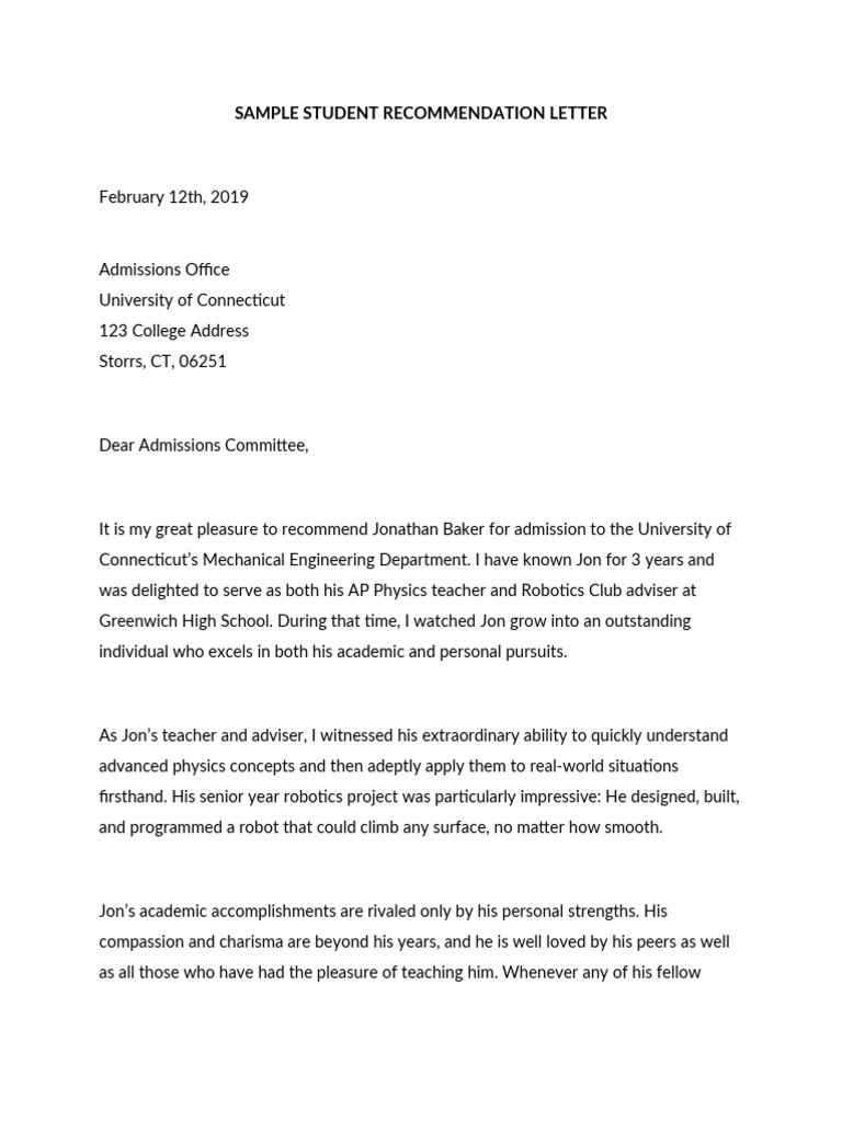 Sample Student Recommendation Letter 09 21 | PDF