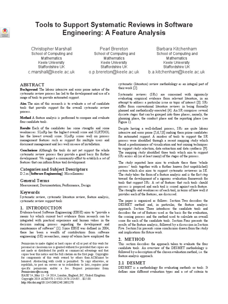 Kitchenham SystematicReview Tools Features | PDF | Systematic Review ...