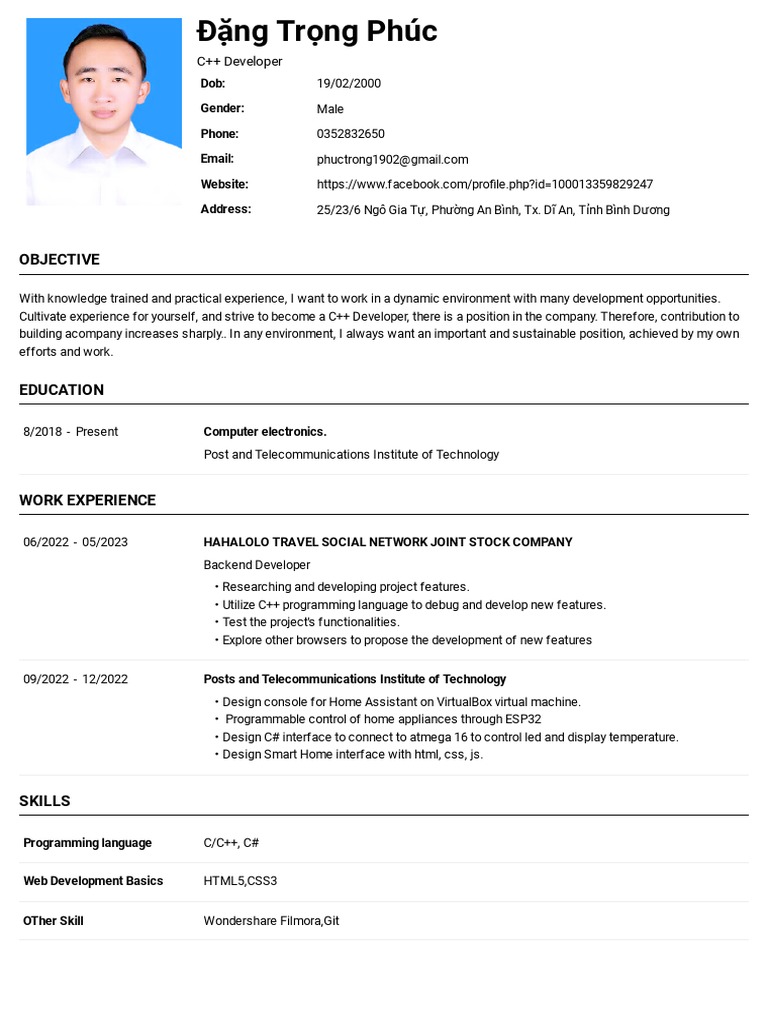 C Developer CV Dang Trong Phuc | PDF | Business | Computers