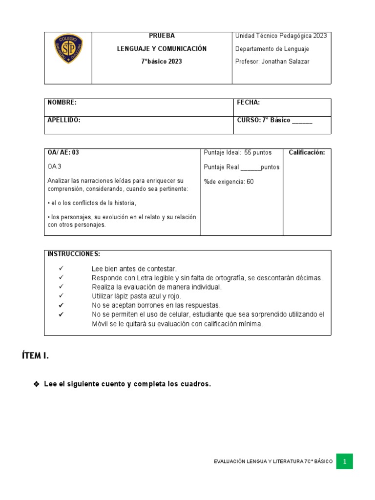 Evaluación Lenguaje 7°C | PDF