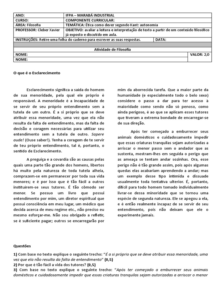 Atividade - o Que É o Esclarecimento - KANT | PDF