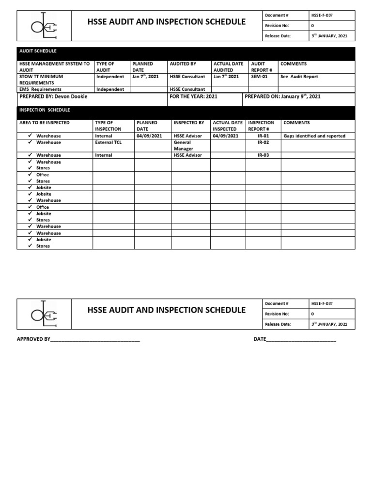 HSSE Audit and Inspection Schedule 2021 | PDF
