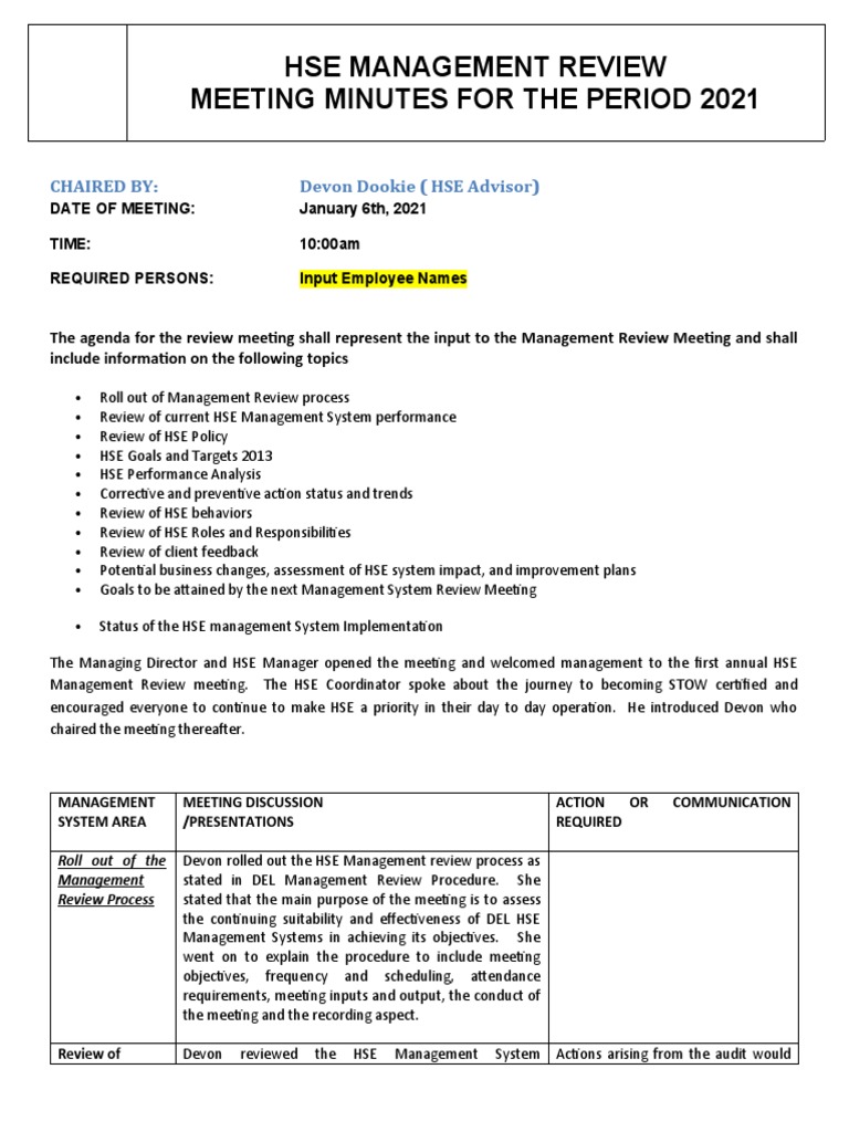 Management Review Meeting Minutes 2021 | PDF