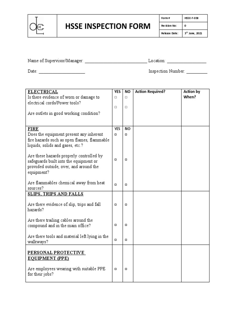 HSSE Inspection Form - DeL | PDF | Personal Protective Equipment | Fires