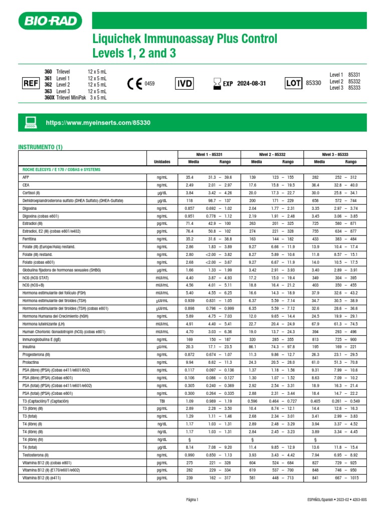 Liquichek Immunoassay Plus Control Levels 1, 2 and 3: Instrumento | PDF ...