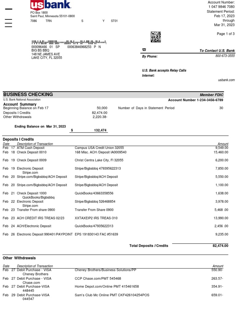 U.S. Bank Statement Example: Feb-Mar 2023 | PDF