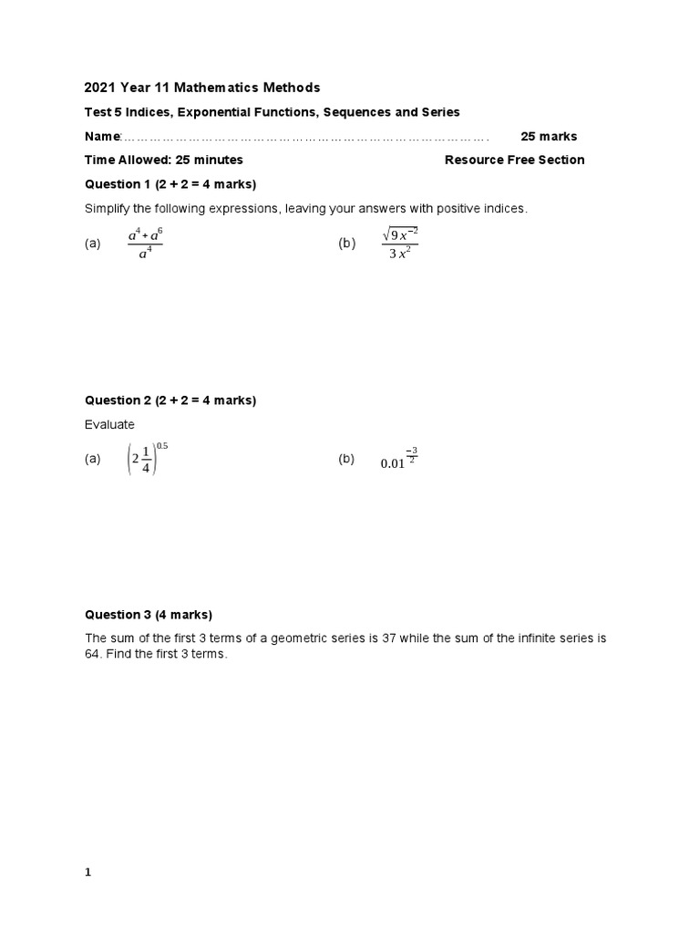 11 Methods Test 5 (Indices, Exponential Functions, Sequences and Series ...