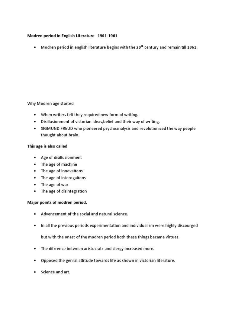 Modren Period in English Literature 1901 - 2222 | PDF | General Fiction