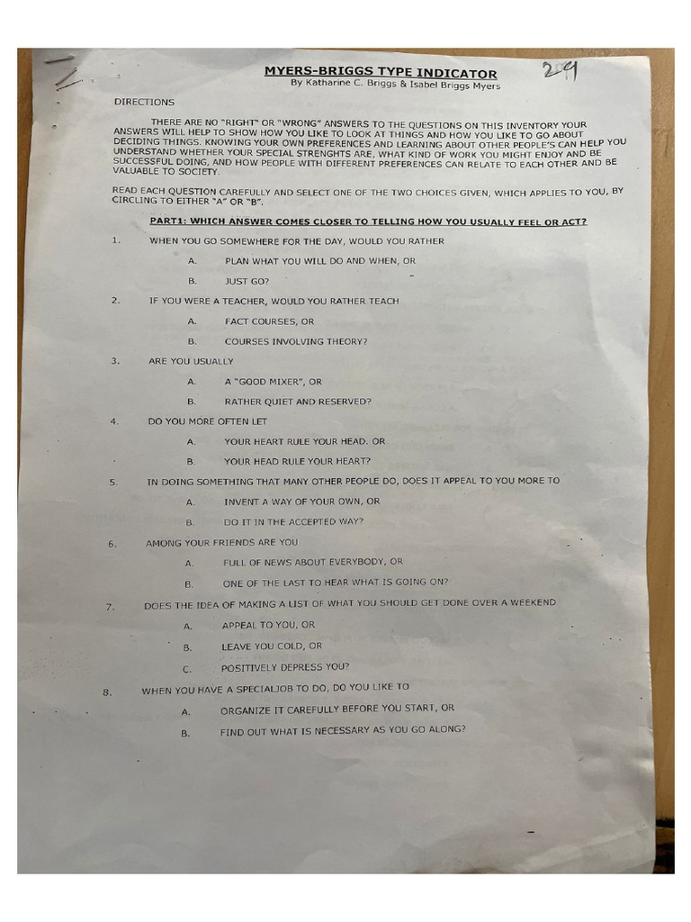 Myers-Briggs Type Indicator Questionnaire | PDF