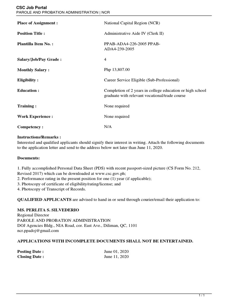 PAROLE_AND_PROBATION_ADMINISTRATION-Administrative_Aide_IV_Clerk_II | PDF