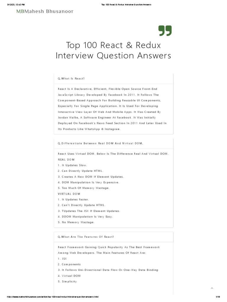 Top 100 React & Redux Interview Question Answers | PDF