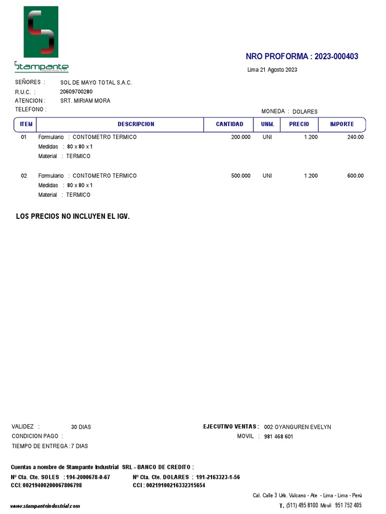 Proforma Nro. 2022-000403 Sol de Mayo (Contometro) | PDF | Finanzas y administración del dinero
