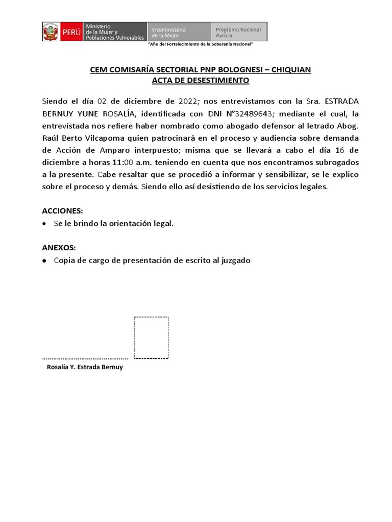 ACTA DE DESISTIMIENTO DE LOS SERVICIOS DEL CEM Comosarã - A | PDF | Medicina CLINICA | Sicología
