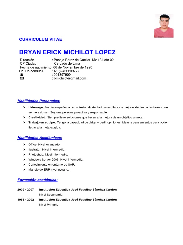 Cvbryanmichilot2023 32 Años | PDF | Logística | Soporte técnico