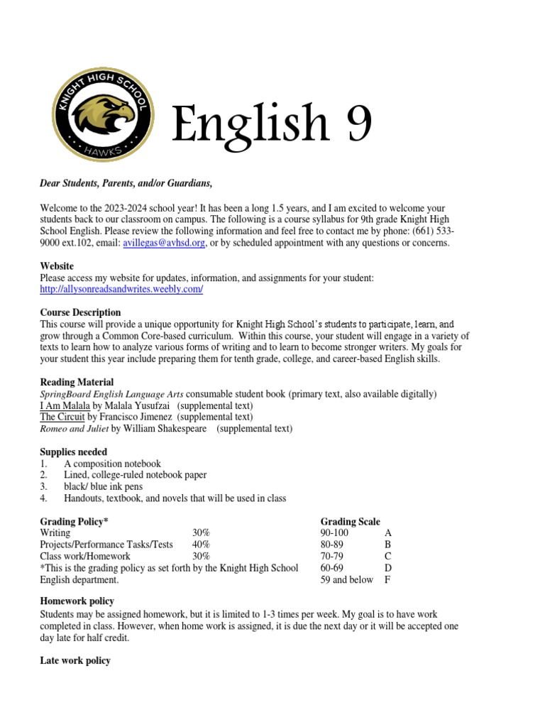 English 9 Syllabus 2023-2024 | PDF | Communication | Homework
