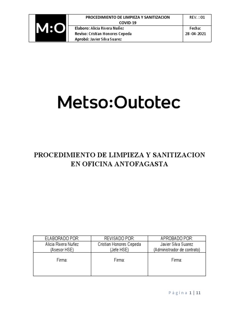 Procedimiento de Limpieza y Sanitizacion en Oficina Antofagasta | PDF | Negocios