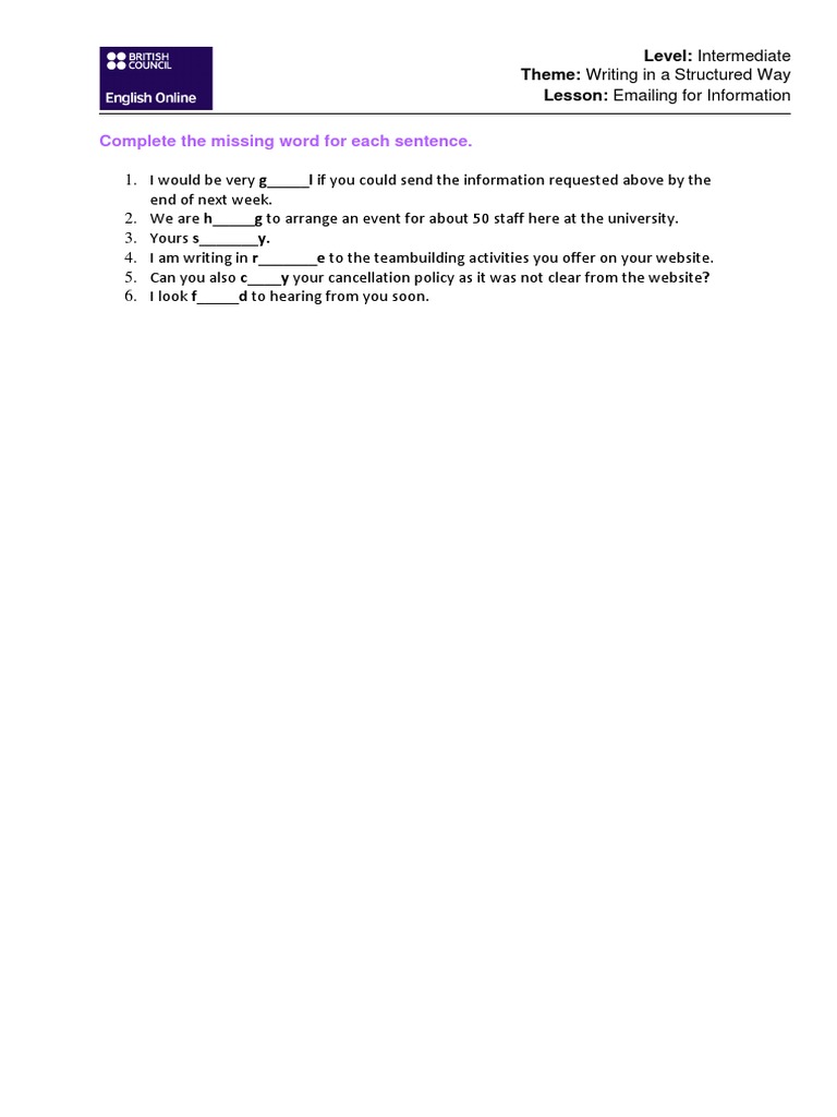 Emailing for Information: Fill-in-the-Blanks | PDF