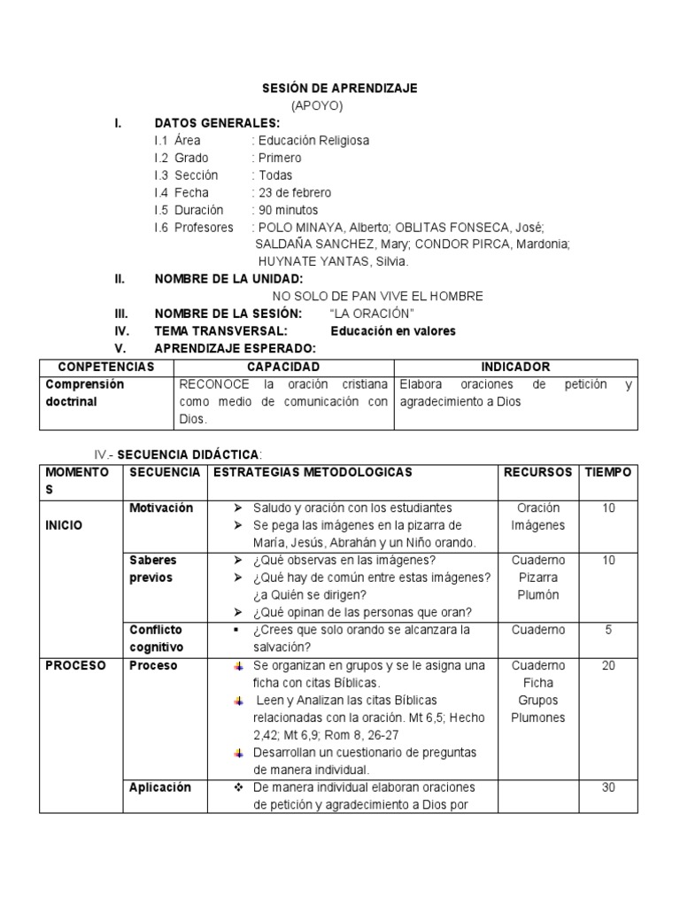 Sesión de Aprendizaje IV La Oracion | PDF