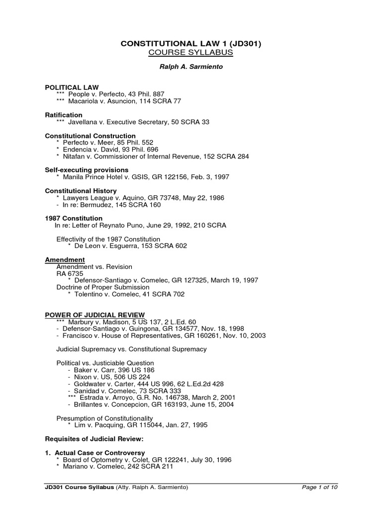 Constitutional Law 1 Course Syllabus 1 | PDF