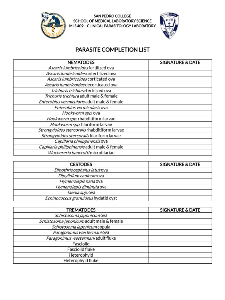 Parasitology Finals Completion List | PDF