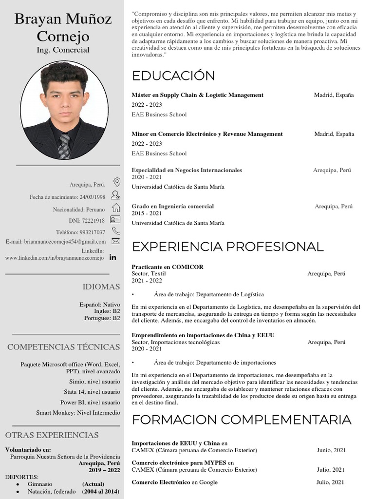 CV Brayan Muñoz | PDF | Logística | Perú