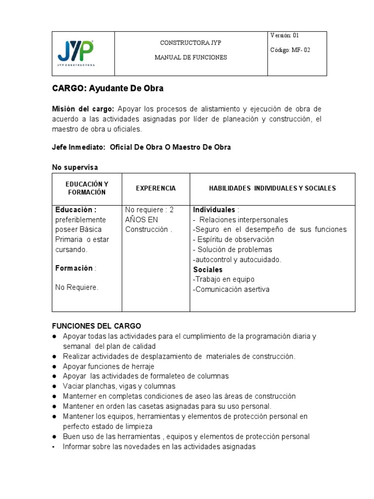 Funciones del Ayudante de Obra Civil | PDF | Tecnología