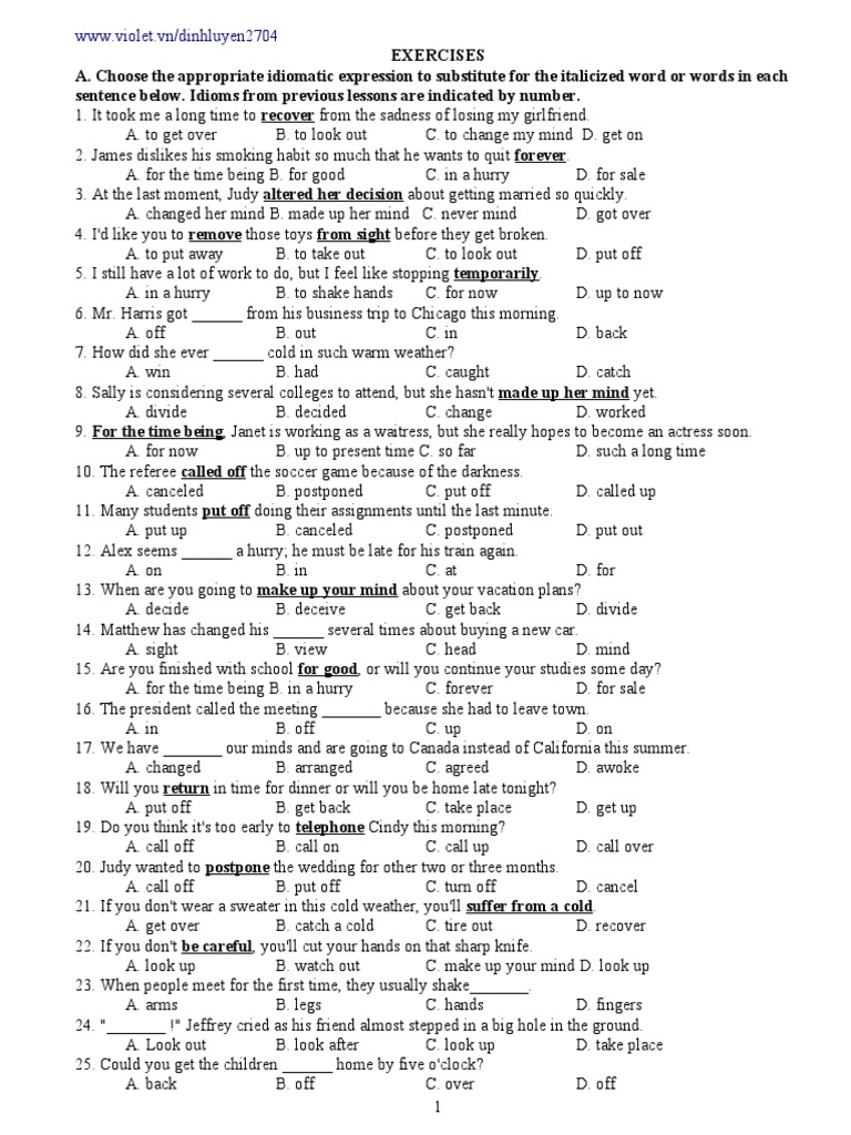 Idioms Exercise Lesson 5 | PDF
