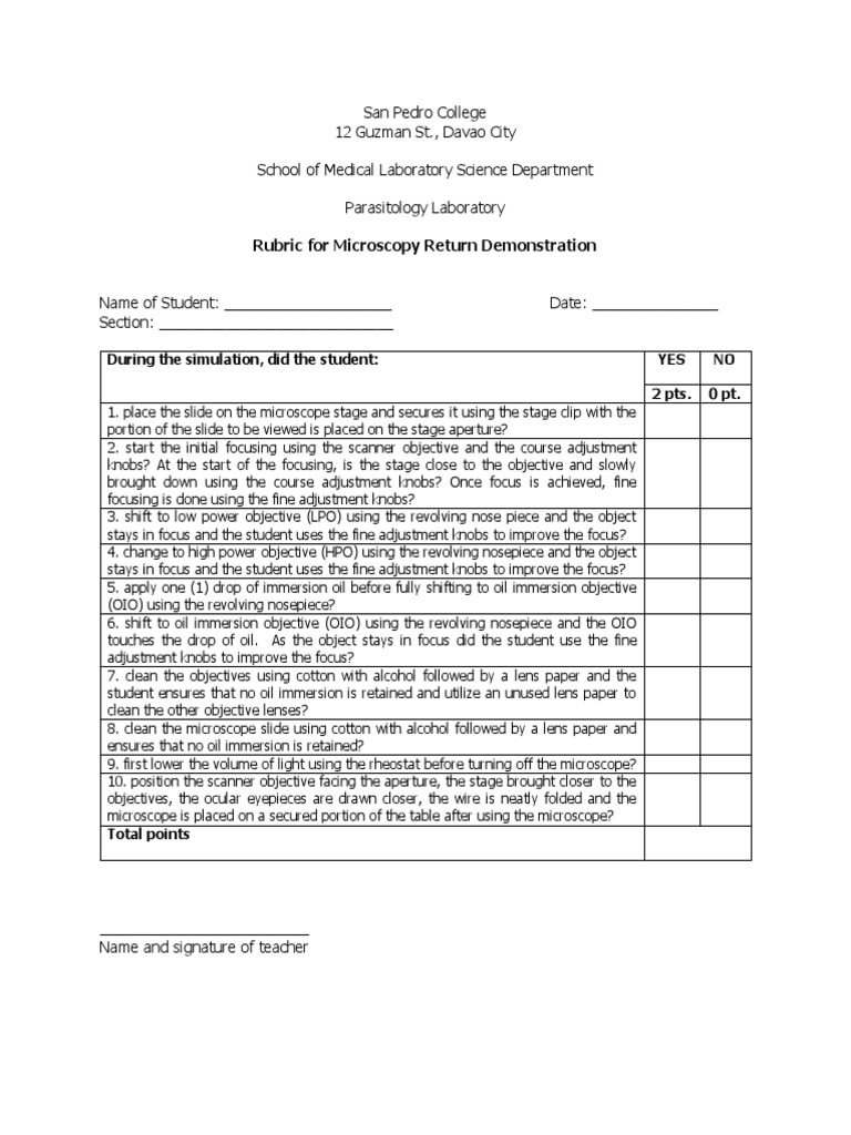 Microscopy Return Demonstration Rubric | PDF | Microscope | Electromagnetic Radiation
