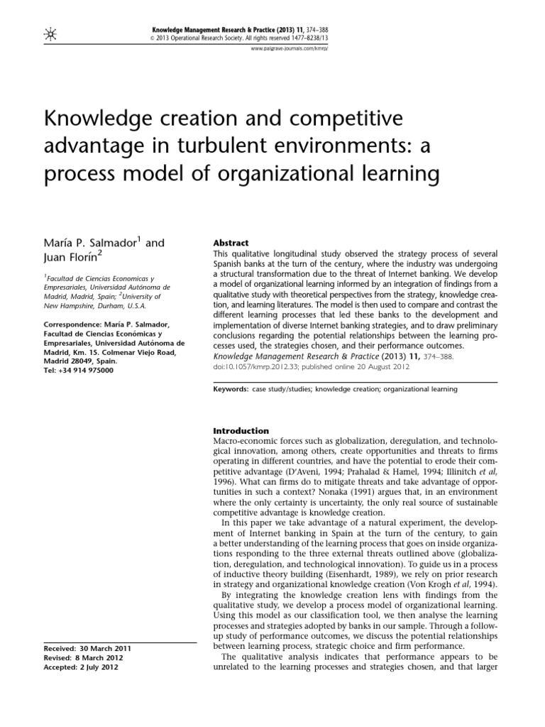 Knowledge Creation and Competitive Advantage in Turbulent Environments. a Process Model of ...