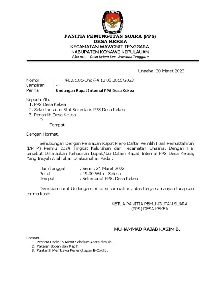 Undangan Rapat PPS - Persiapan Pleno DPHP | PDF