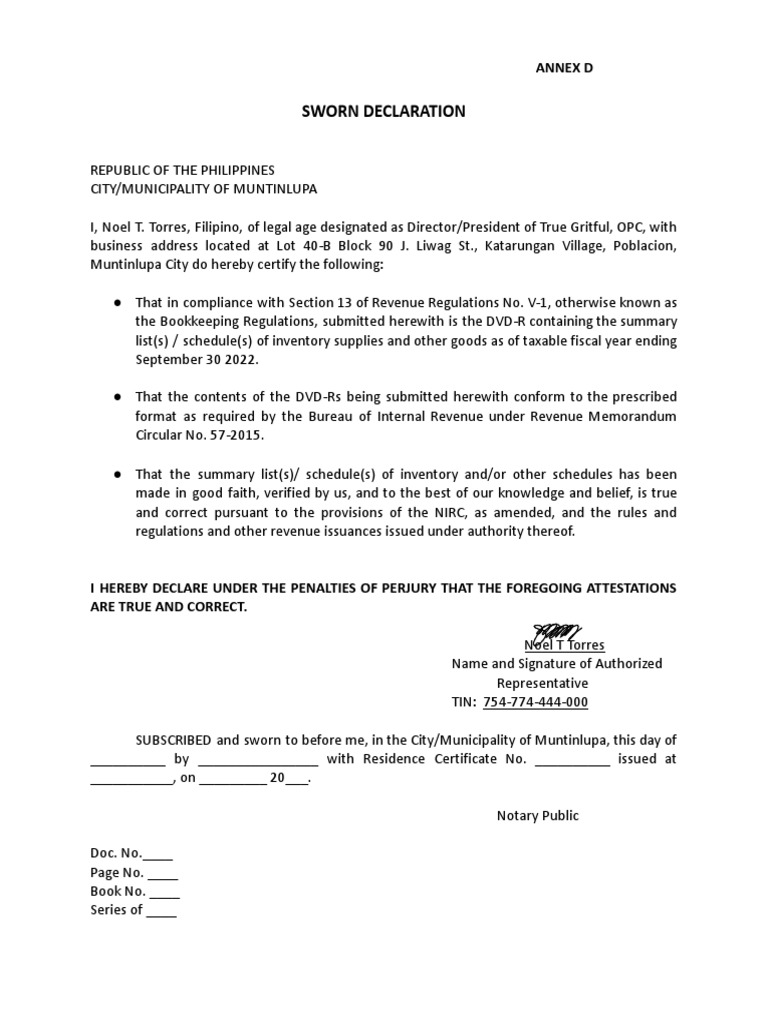 Muntinlupa Annex D Sworn Declaration | PDF