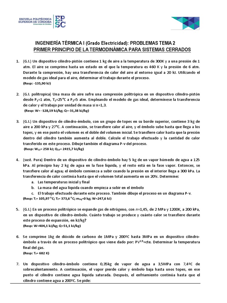 Problemas Tema 2 | PDF | Calor | Gases