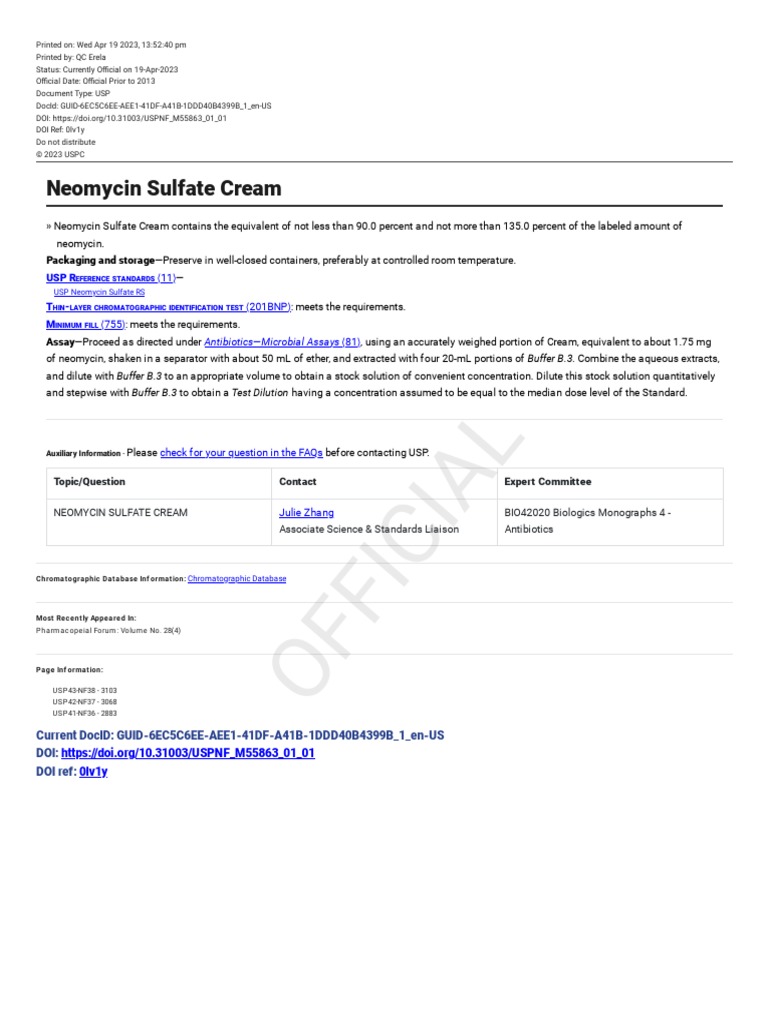 Neomycin Sulfate Cream USP Monograph | PDF | Chemistry | Physical Sciences